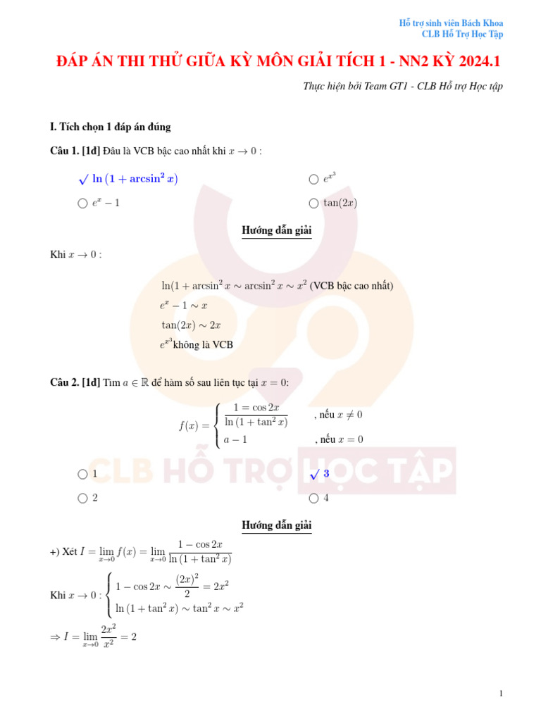 ĐÁP ÁN ĐỀ THI THỬ GIỮA KỲ MÔN GIẢI TÍCH 1 NN2 KỲ 2024.1 | PDF