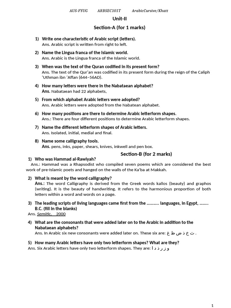 Arabic Sec 101, Fyug Aus, Unit-Ii | PDF | Arabic | Calligraphy