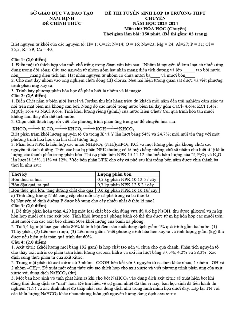 01. Chuyên Hóa 10 Nam Định Năm 2023-2024 - File Đề + Ảnh HDC | PDF