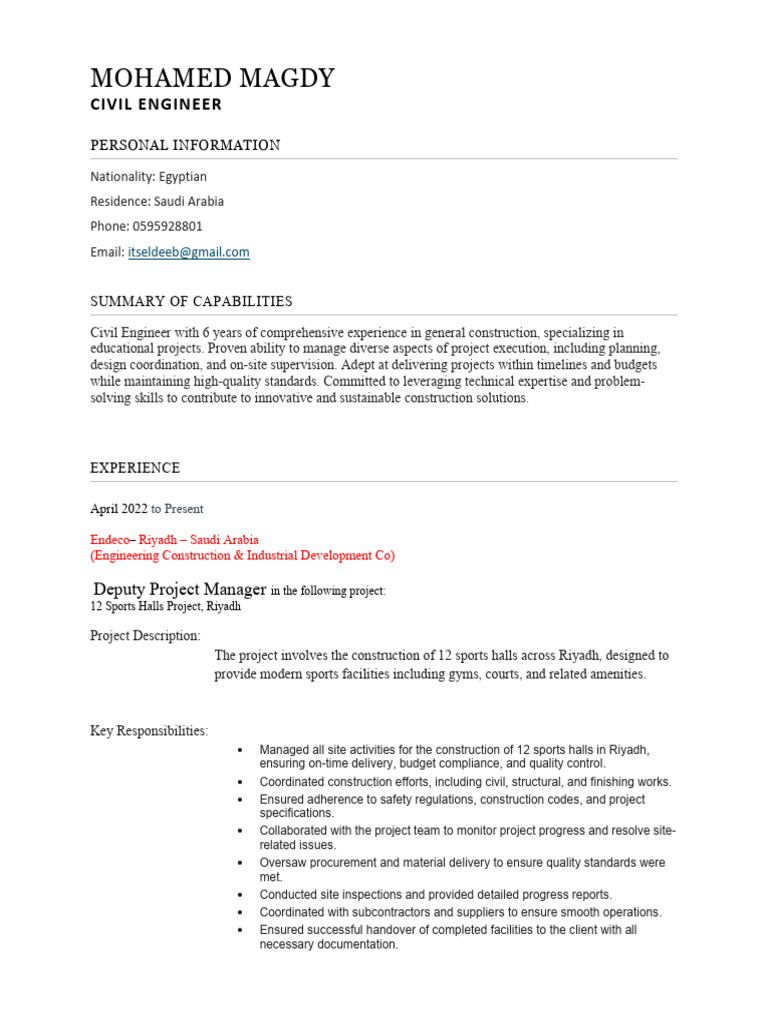 Civil Engineer Resume: Mohamed Magdy | PDF | Business | Engineering