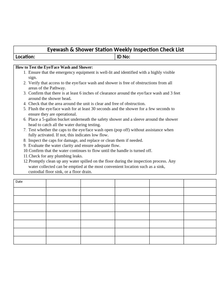 Eyewash & Shower Weekly Inspection Check List | PDF