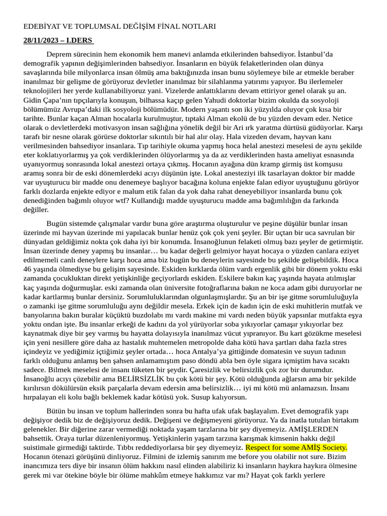 EDEBİYAT VE TOPLUMSAL DEĞİŞİM FİNAL NOTU | PDF