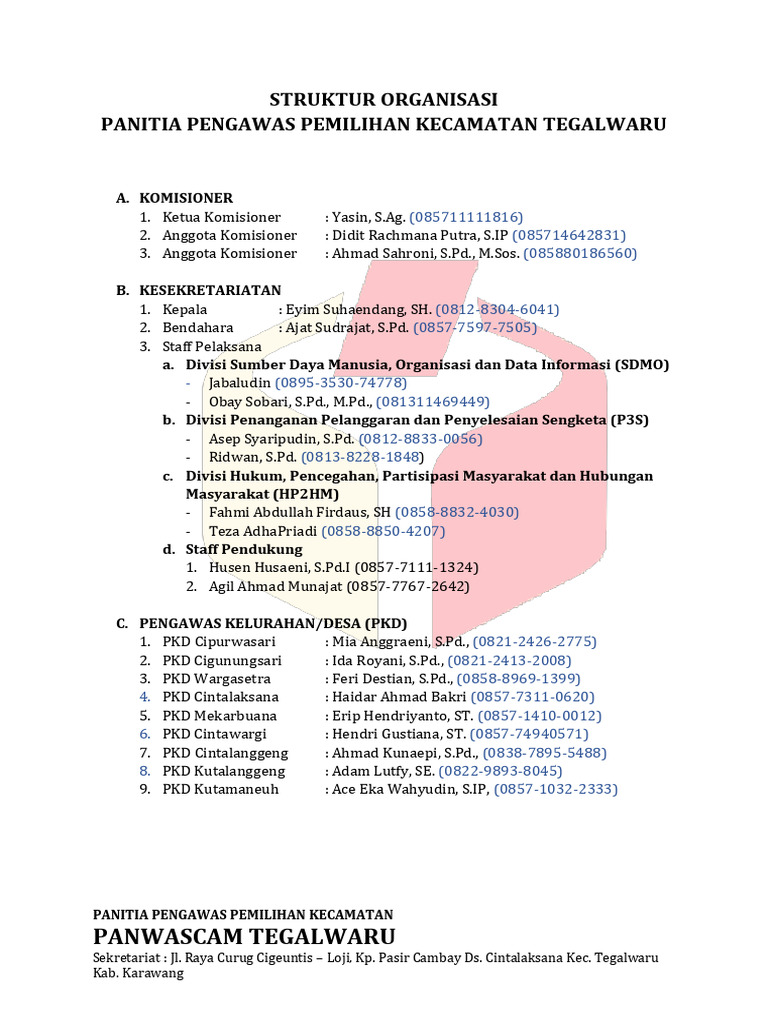 Struktur Organisasi Panwas Tegalwaru | PDF