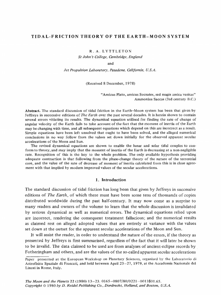 Lyttleton(1980) Tidal Friction Theory 11p | PDF | Moon | Mechanics
