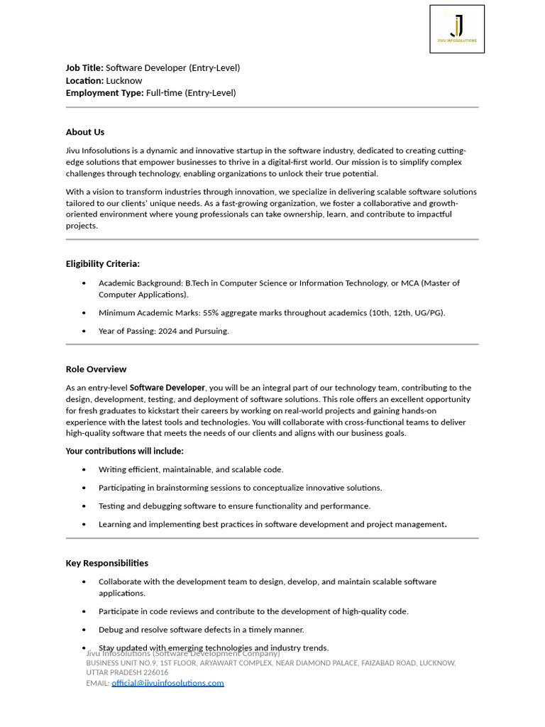 JD - SoftwareDeveloper - Jivu Infosolutions Software Development Company | PDF | Software | Web ...