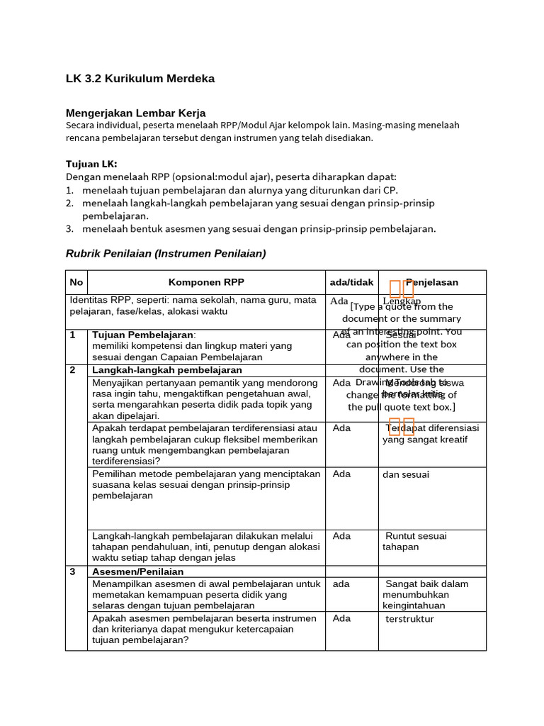 LK 3.2 Kurikulum Merdeka (Instrumen Telaah RPP-Modul Ajar) | PDF