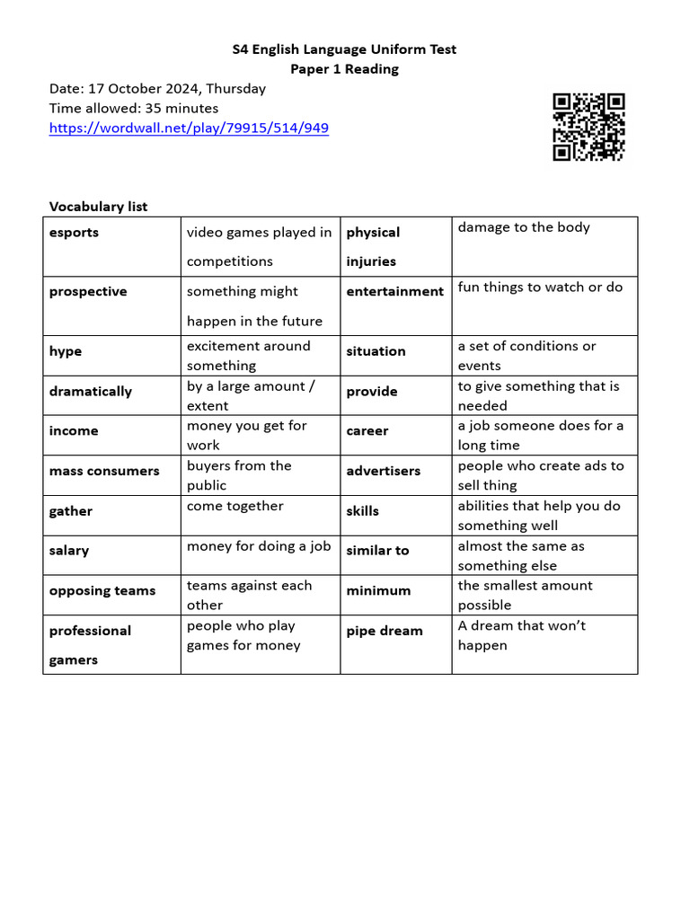 20241017_S4 Reading UT_vocabulary list | PDF