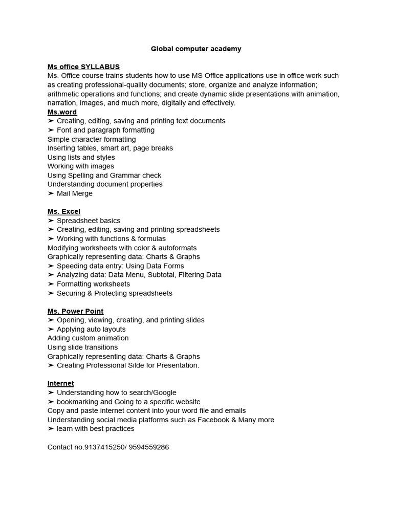 Ms office syllabus | PDF