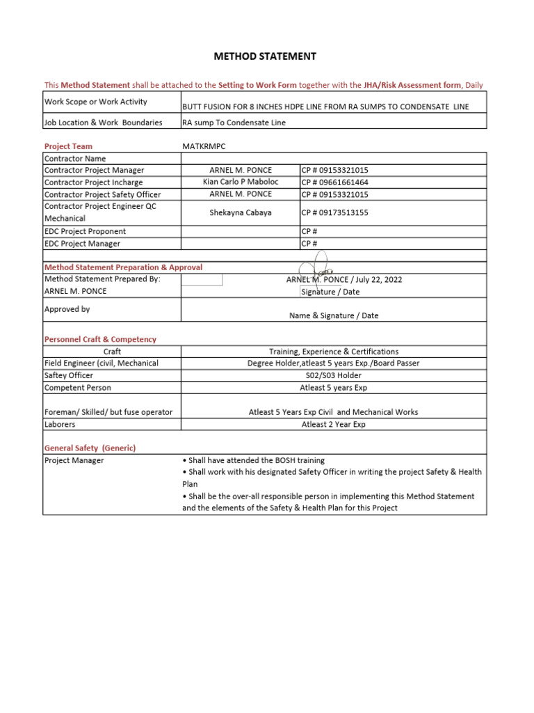 Butt Fusion Method Statement for HDPE Line | PDF | Safety | Elevator