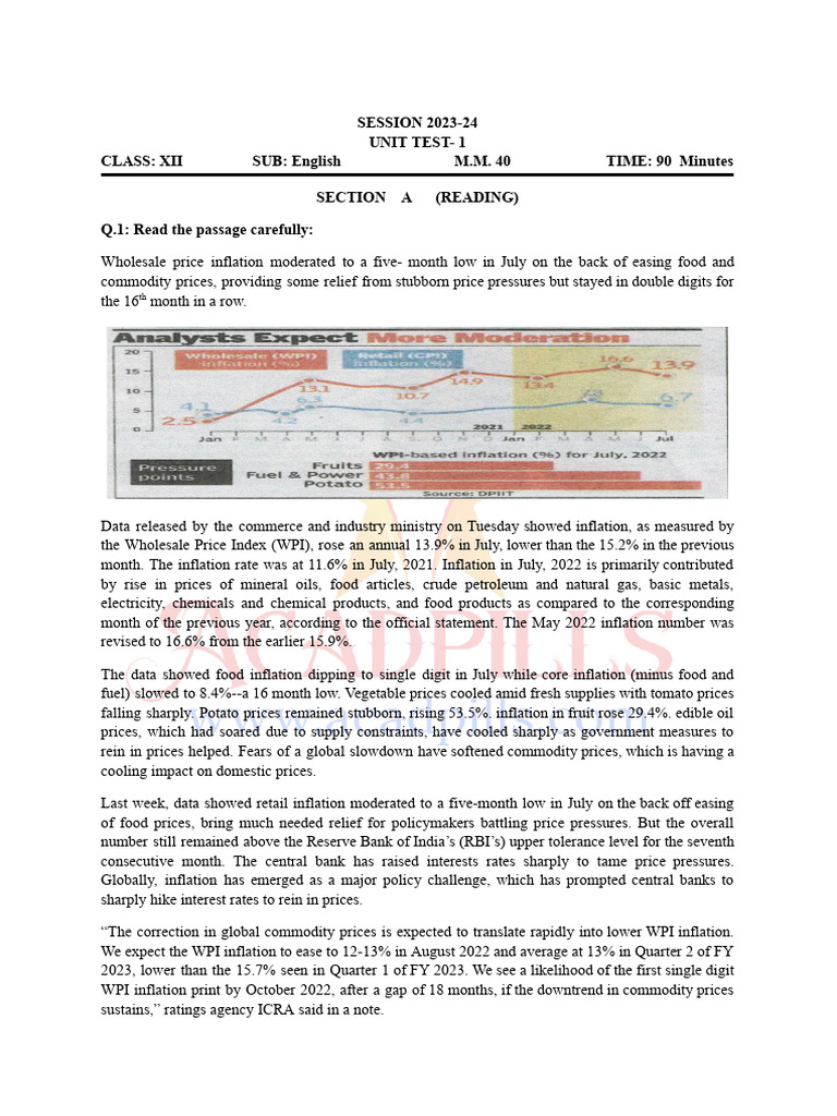 XII ENG PT-1 Paper | PDF | Inflation | Wholesale Price Index