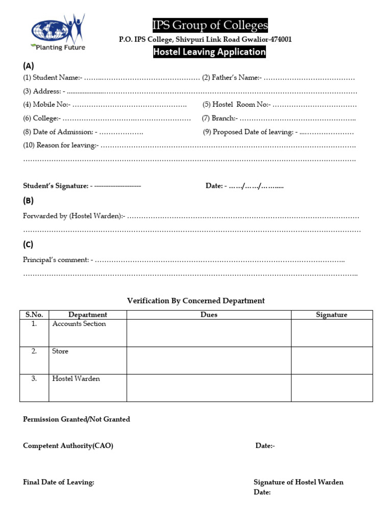 Hostel Leaving Application Form | PDF