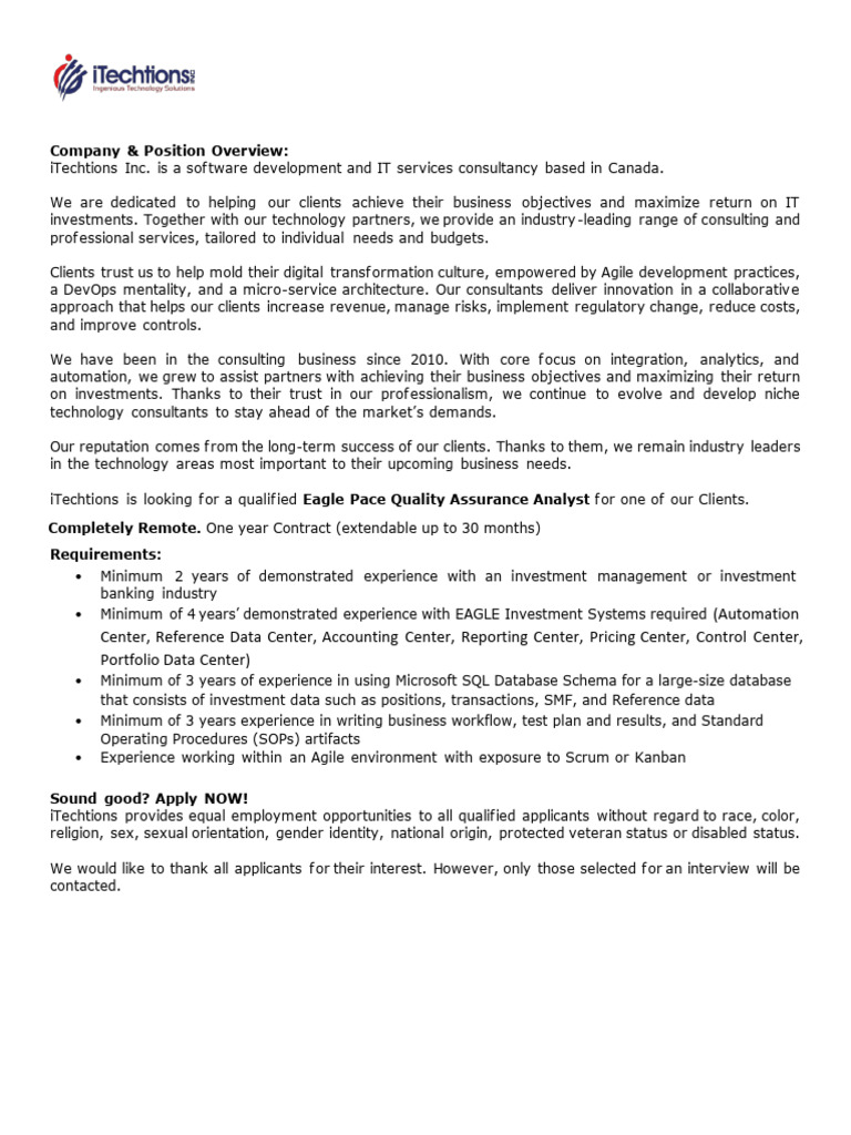 JD - Eagle Pace Process and Quality Assurance Analyst | PDF | Agile ...