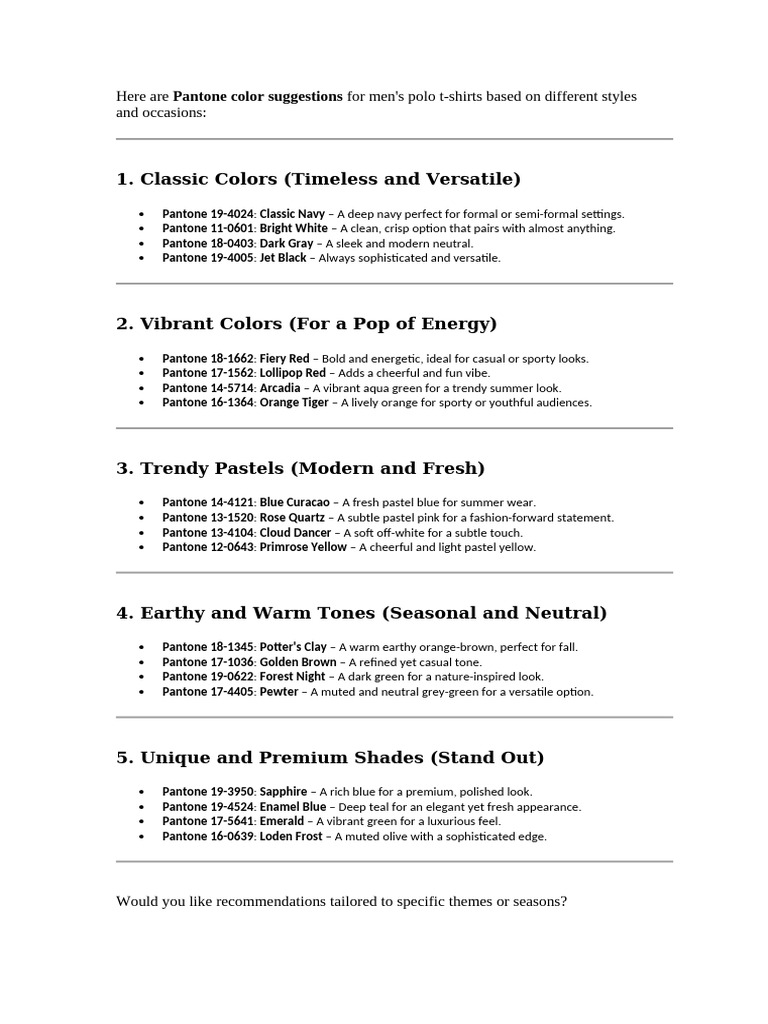 Pantone Colors for Men's Polo T-Shirts | PDF