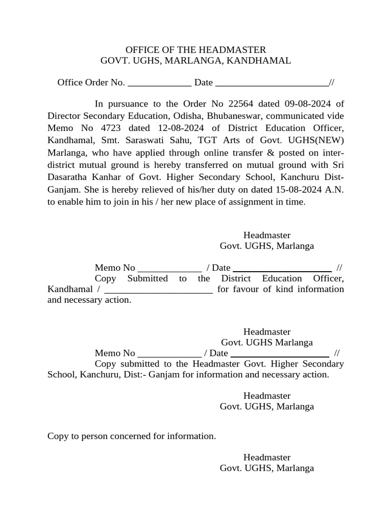 OFFICE OF THE HEADMASTER Relieve Order | PDF