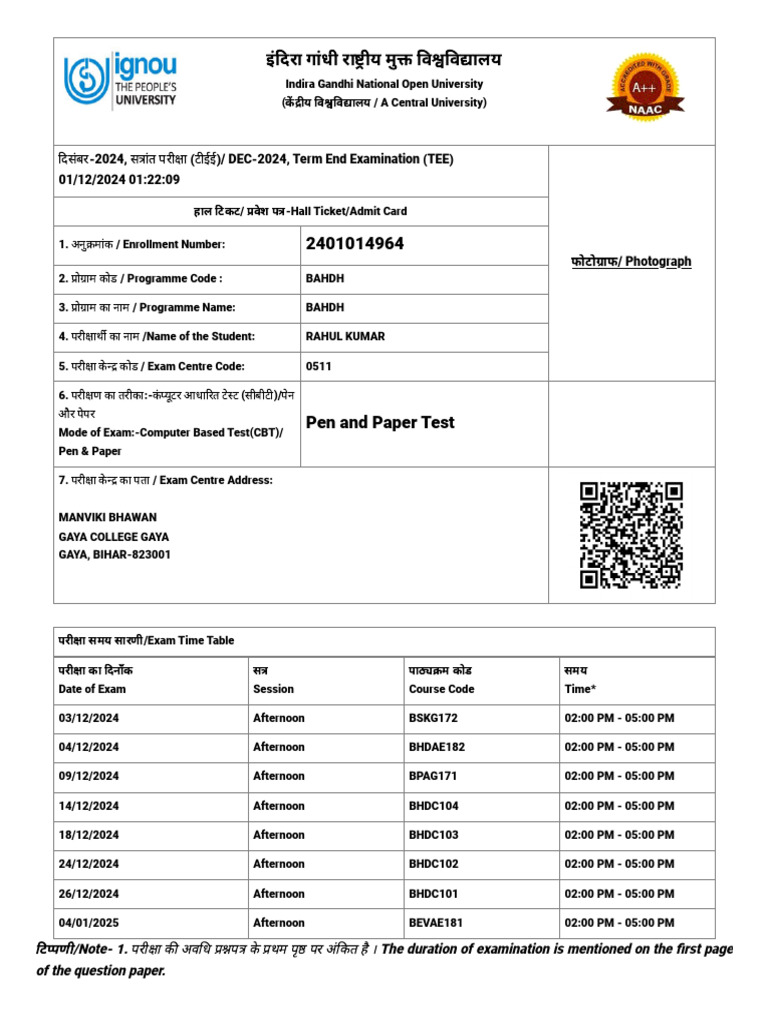 Ignou Dec Admit Card | PDF
