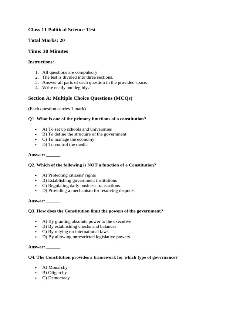 Class 11 Political Science Test | PDF | Constitution | Political Charters