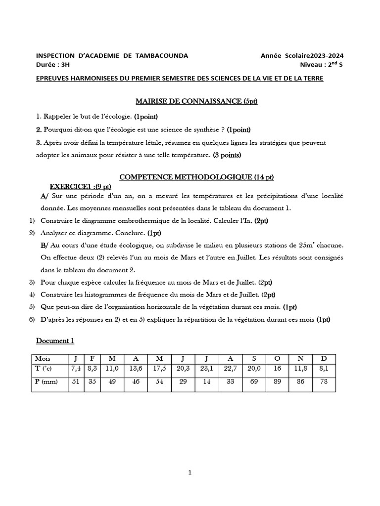 Compo 1er Semestre 2024 SVT 2nd S | PDF