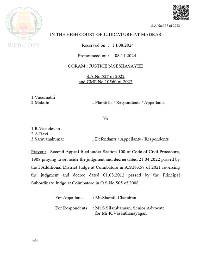 Vasumathi Vs R Vasudevan | PDF | Lawsuit | Estoppel