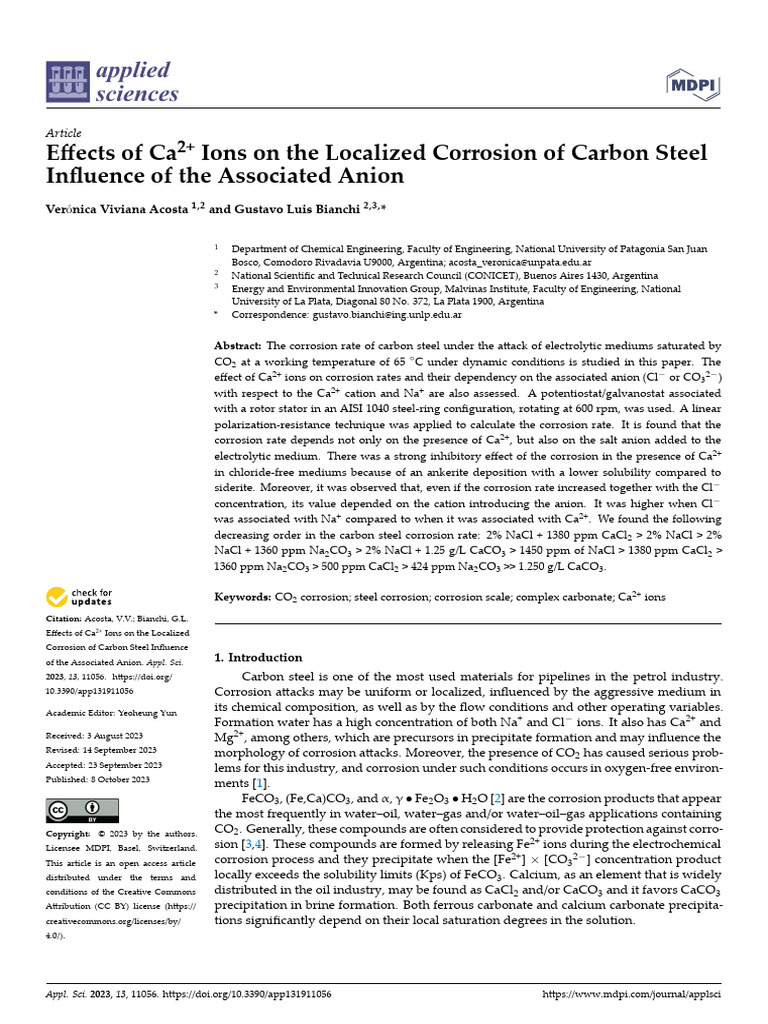 Effects of Ca2+ Ions On The Localized Corrosion of Carbon Steel Influence of The Associated ...