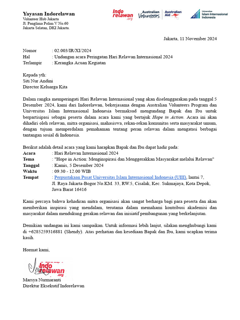 Invitation Indorelawan - Partner Organisation For IVD 2024 - Keluarga Kita | PDF