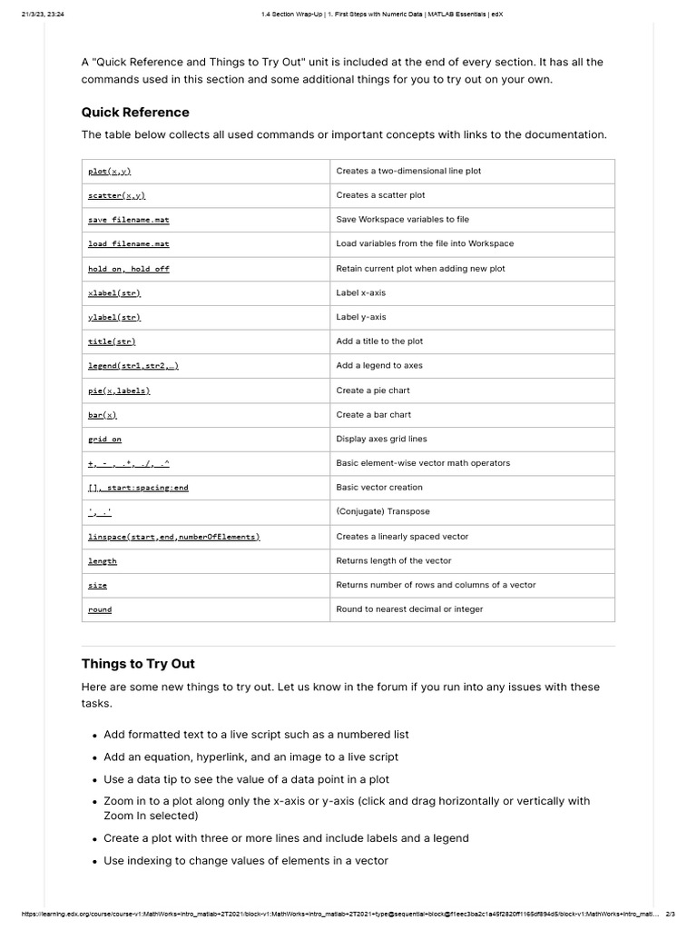 1.4 Section Wrap-Up - 1. First Steps With Numeric Data - MATLAB Essentials - Edx | PDF ...