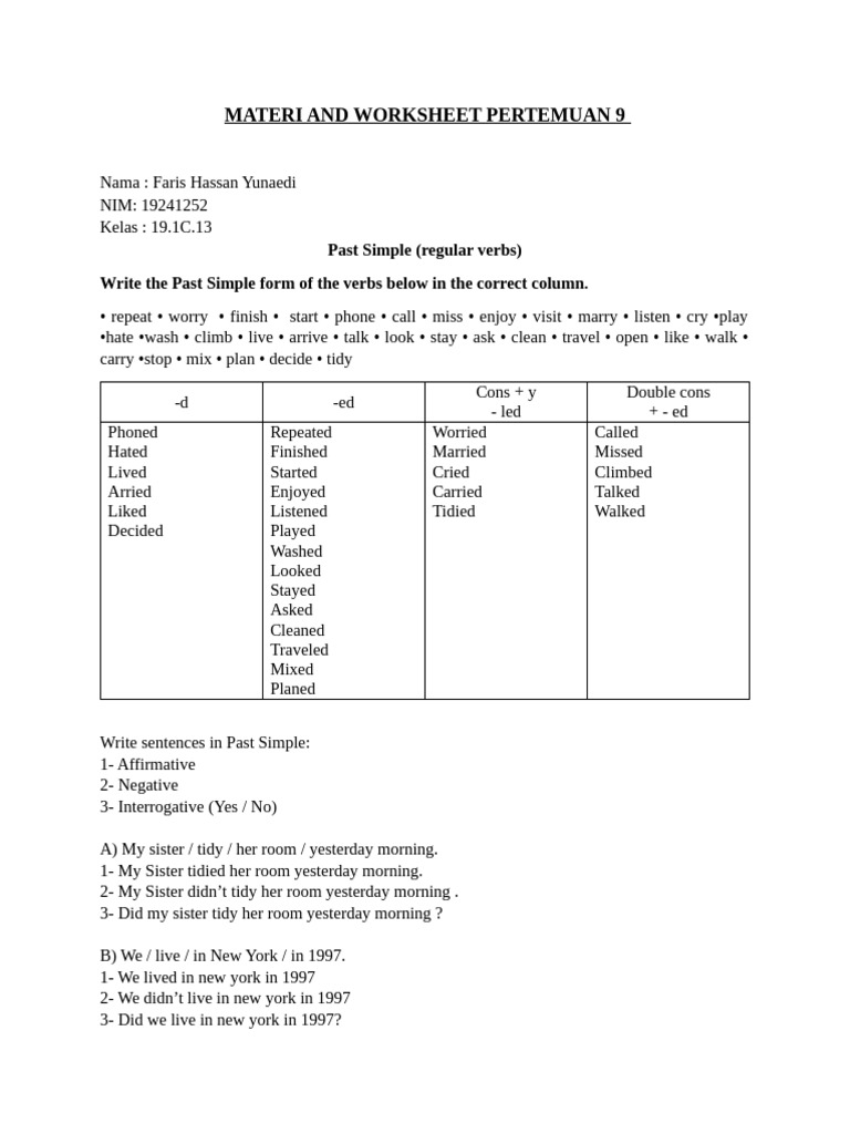 Past Simple Verbs Worksheet | PDF