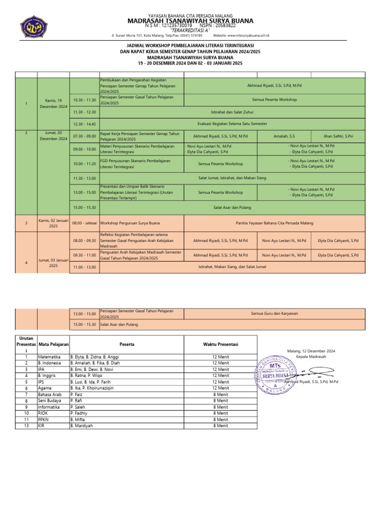 Jadwal Workshop Literasi Dan Rapat Kerja - MATSASURBA - GENAP - 2024-2025-1 | PDF