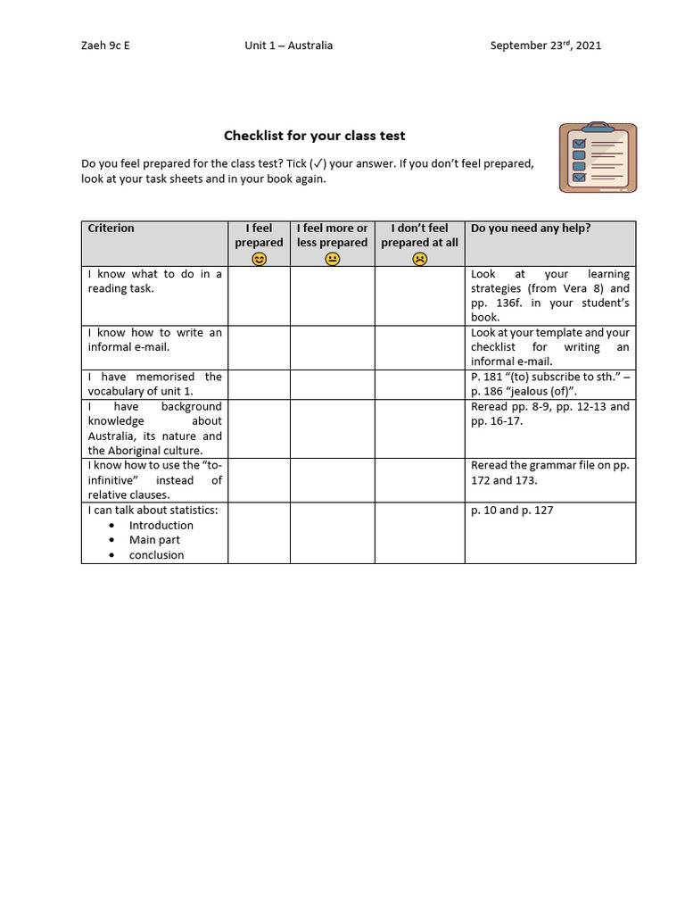 Class Test Preparation Checklist: Australia | PDF