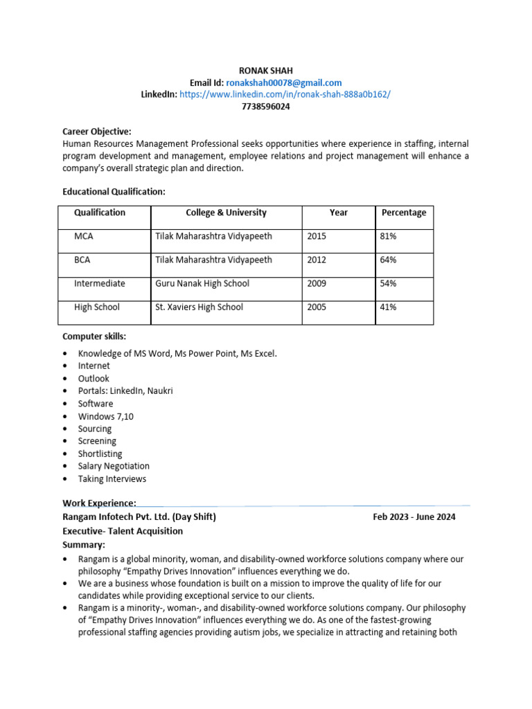 Ronak Shah Resume (1) (1) | PDF | Recruitment | Business