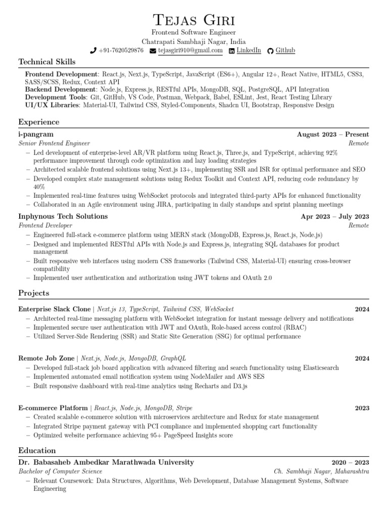 Tejas Giri Frontend Engineer 2 Years | PDF | Computer Programming | Systems Architecture