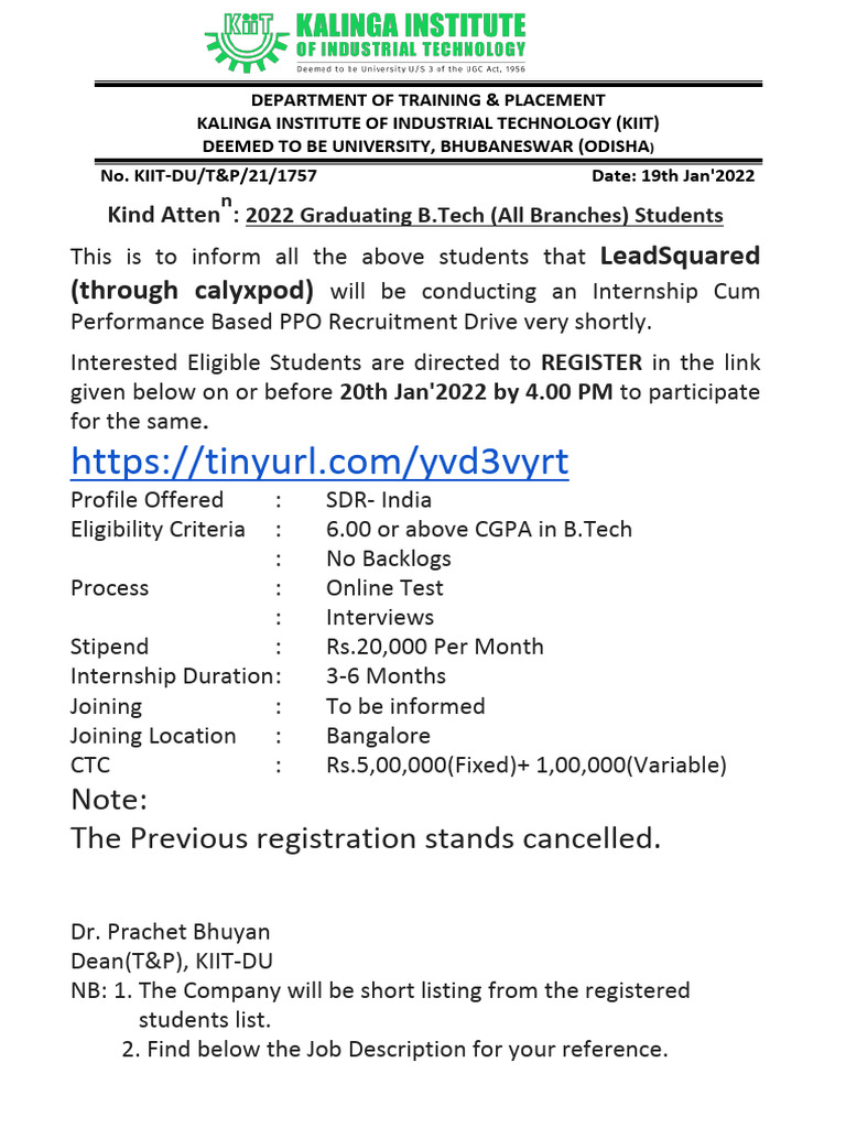 KIIT B.Tech Internship Recruitment Drive | PDF | Cognition | Business