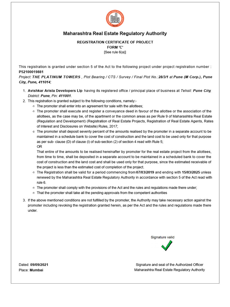 MAHARERA Certificate New | PDF | Legal Documents | Civil Law (Common Law)