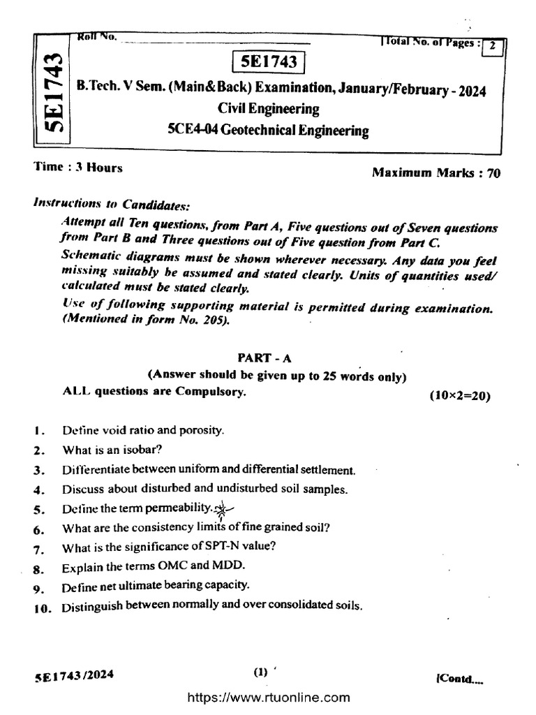 Btech Ce 5 Sem Geotechnical Engineering 5e1743 Feb 2024 | PDF