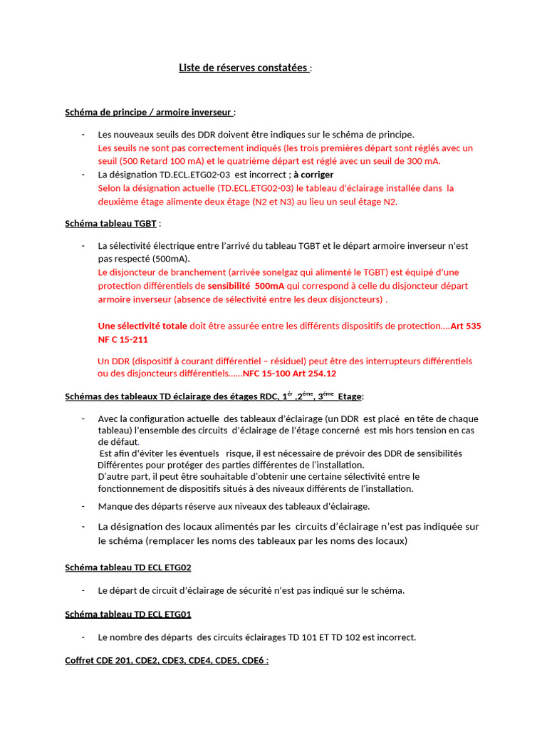 Réserves sur schémas électriques et DDR | PDF | Interrupteur ...