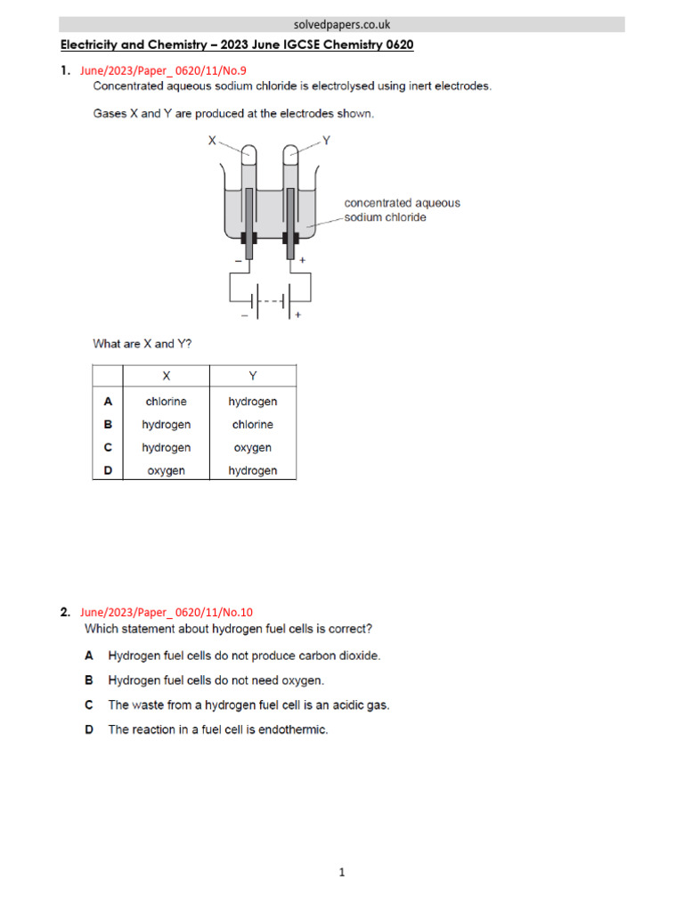2023J Electricity and Chemistry IGCSE Chem 0620 | PDF