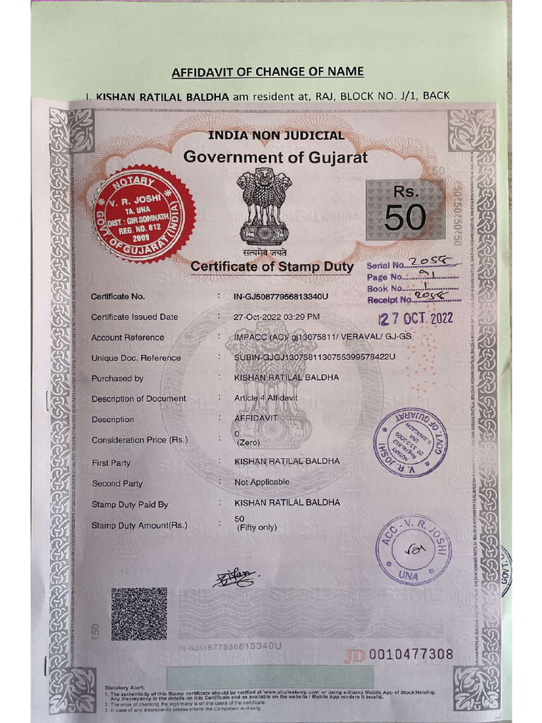 Kishan Baldha - Affidavit of Name Change | PDF