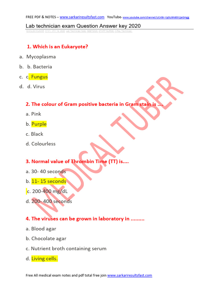 Lab Technician Exam Question Answer Key 2020 | PDF