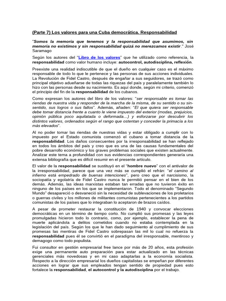 (Parte 7) Los Valores Para Una Cuba Democratica. Responsabilidad. | PDF | Cuba | Comunismo