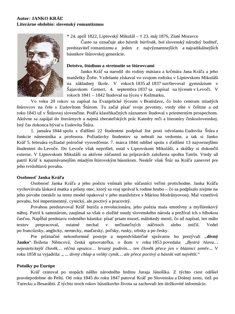 Kral - Janko - Zivot A Dielo | PDF