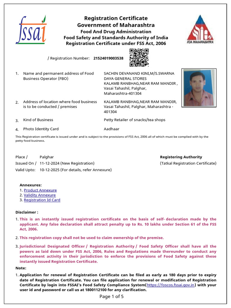 FSSAI Registration Certificate for FBO | PDF | Identity Document