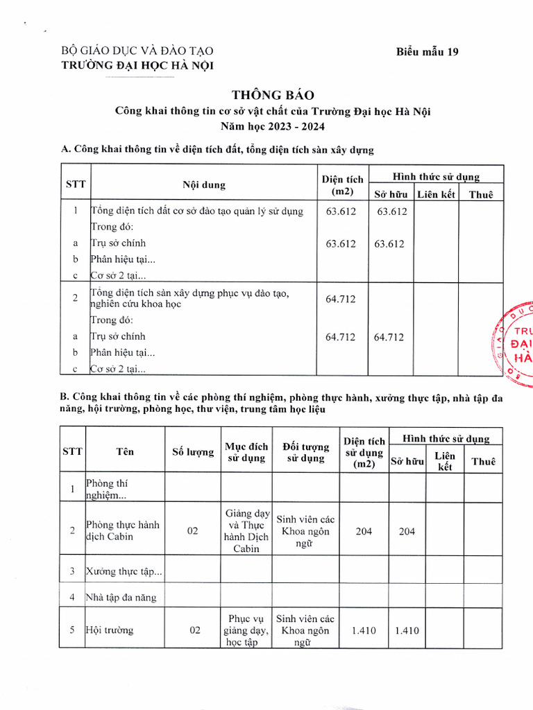 Bieu - Mau - 19 - Cong - Khai - Thong - Tin - Co - So - Vat - Chat - 2023 - 2024 | PDF