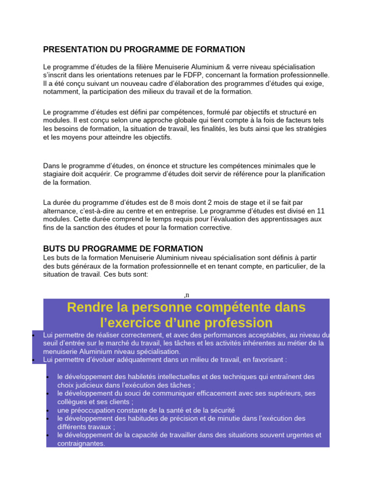 PRESENTATION DU PROGRAMME DE FORMATION | PDF | Compétence (Ressources humaines)