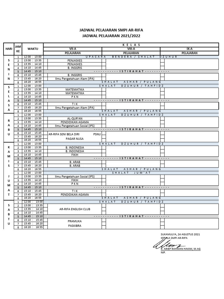 Jadwal Pelajaran Smpi Ar-Rifa | PDF