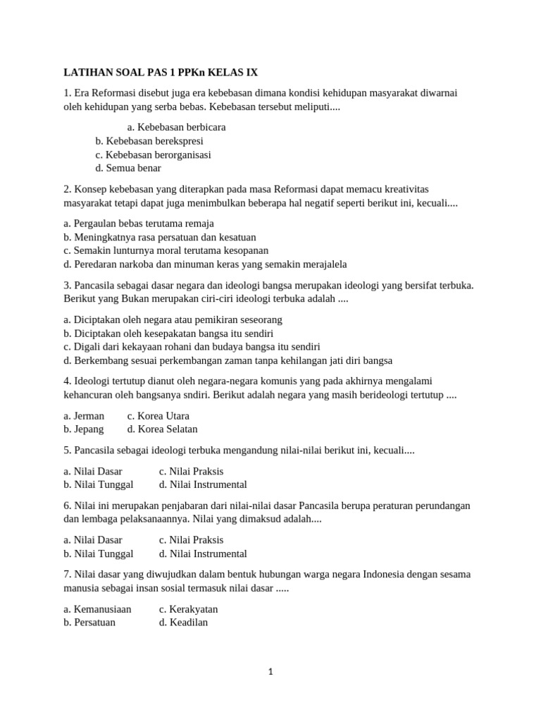 Latihan Soal Pas 1 PPKN Kelas Ix-2024 | PDF