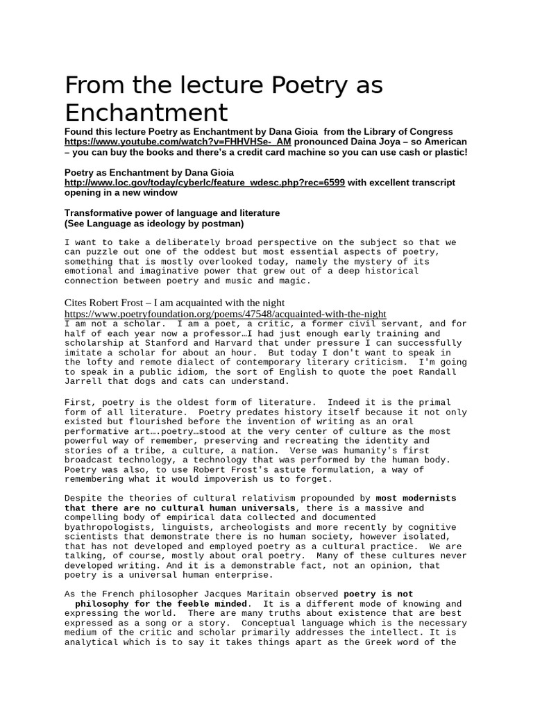Dana Gioia Poetry As Enchantment Paper and Lecture Notes | PDF | Poetry ...