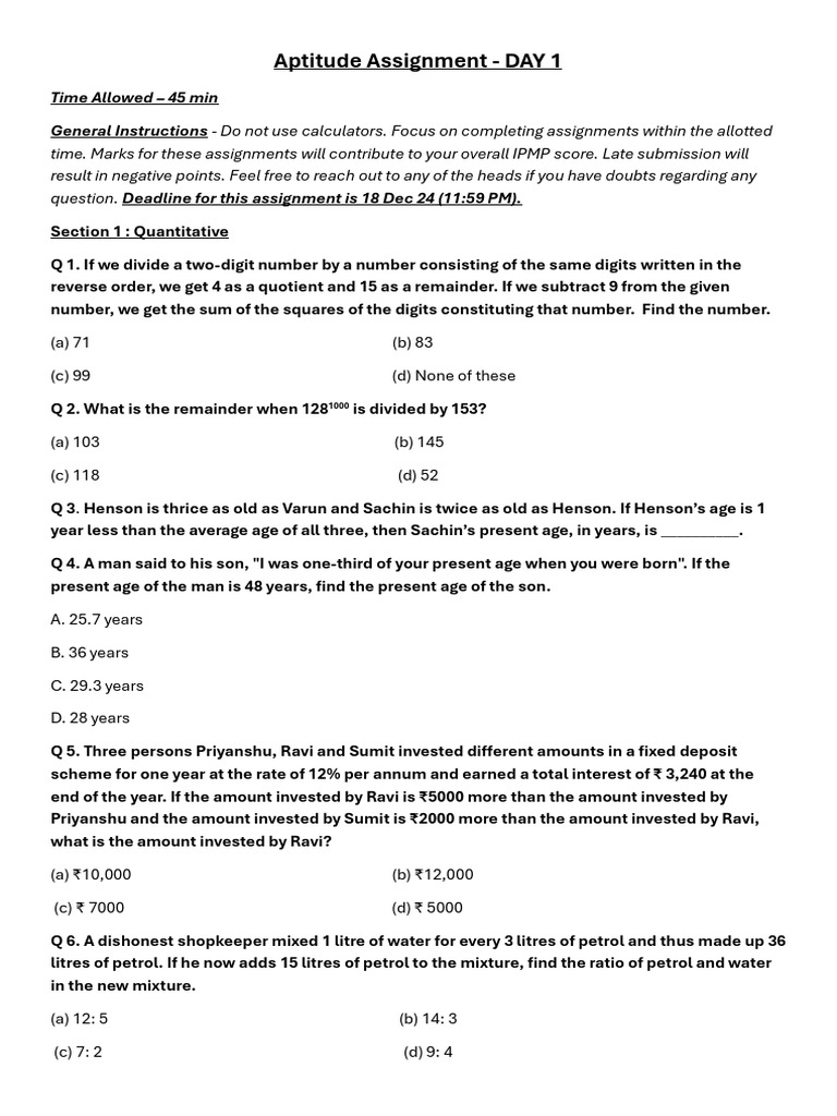 Aptitude Assignment DAY 1 | PDF