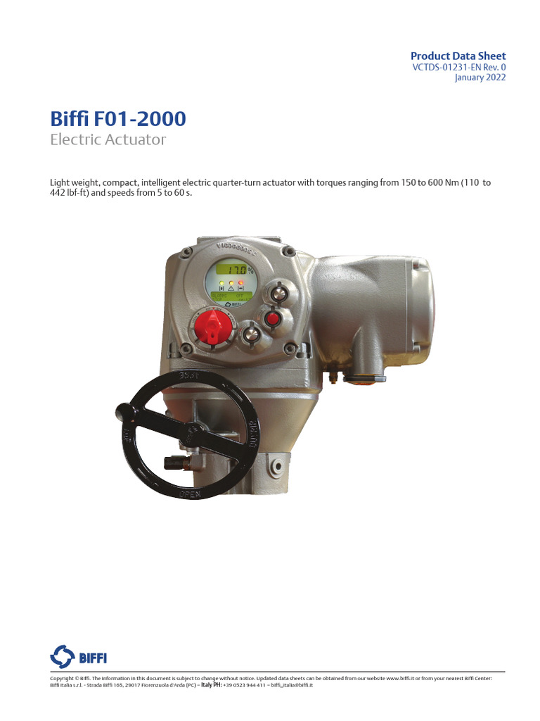 Data Sheet Biffi f01 2000 Electric Actuator en Us 2378980 | PDF | Electric Motor | Steel