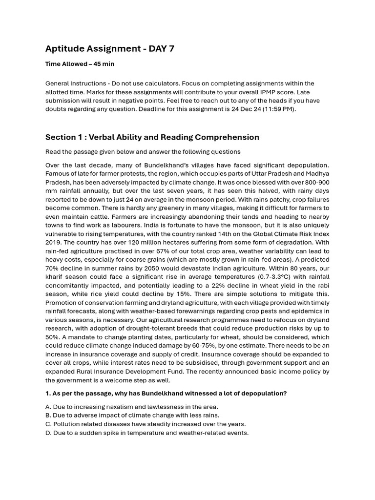 Aptitude Assignment DAY 7 | PDF | Agriculture | Climate Change