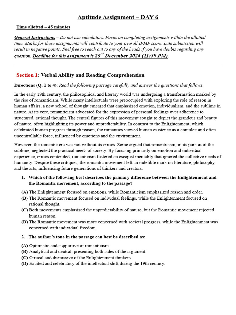Aptitude Assignment DAY 6 | PDF | Romanticism | Reason