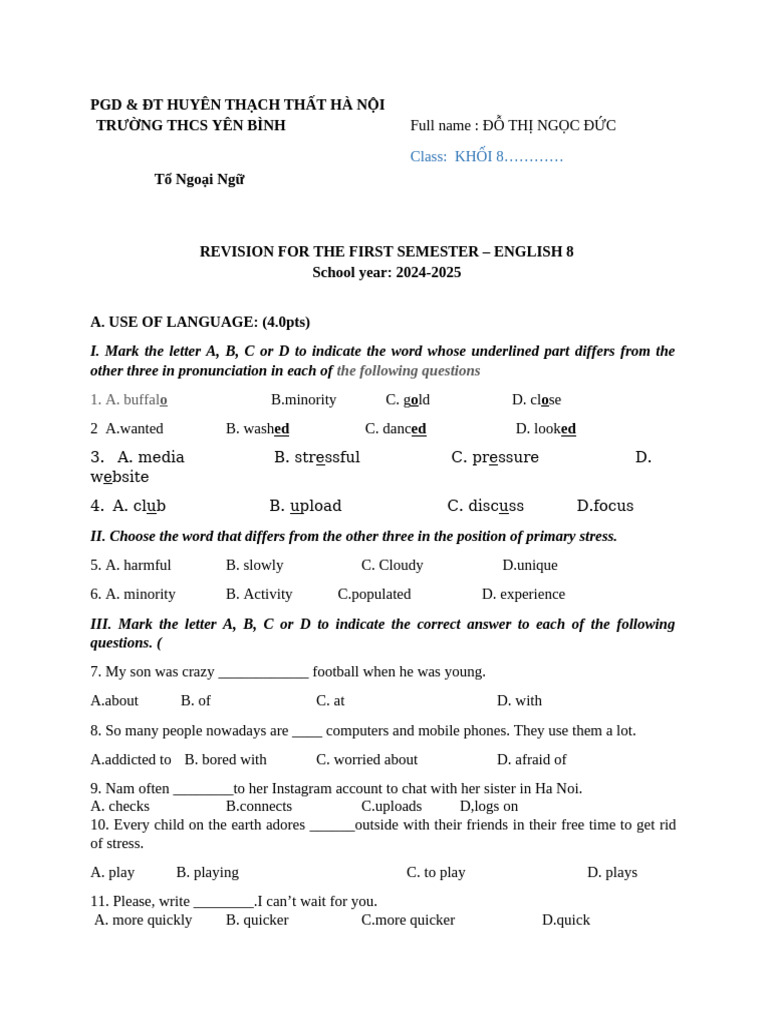 English 8 Semester 1 Revision Guide | PDF